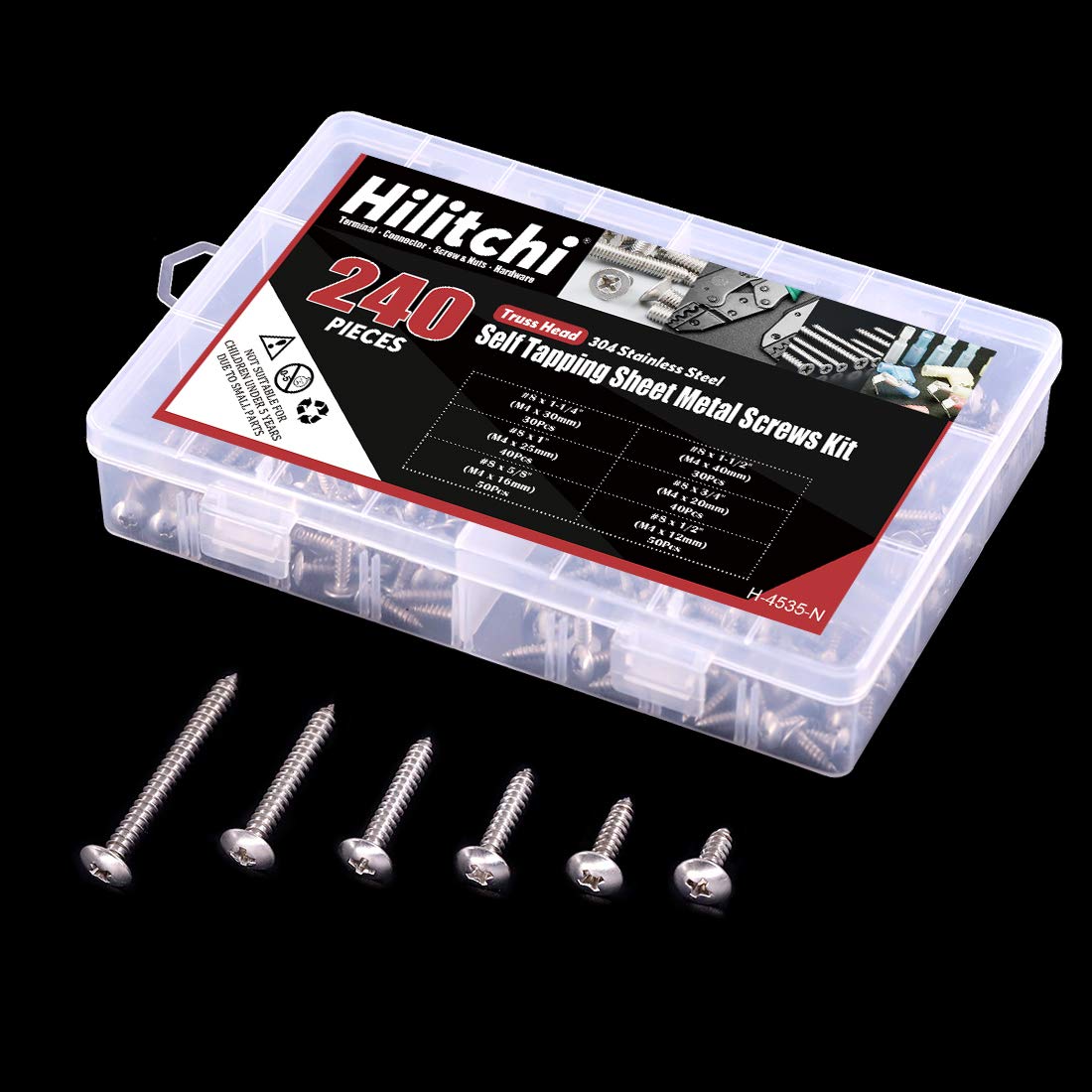 Hilitchi 240 Pcs #8 304 Stainless Steel Phillips Truss Head Self Tapping Sheet Metal Screws Assortment Kit Set