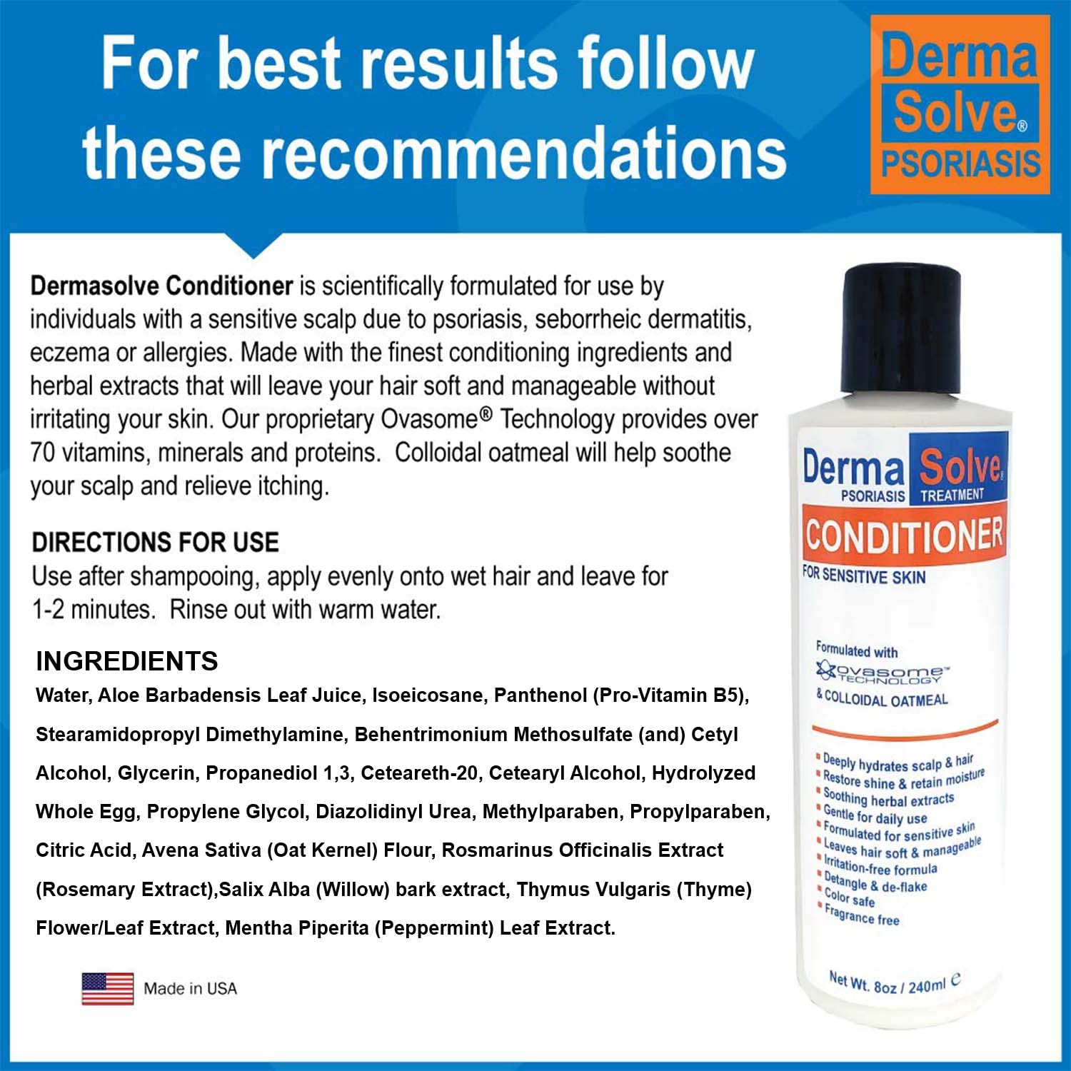 Dermasolve Psoriasis Conditioner - Soothing Anti Dandruff, Seborrheic Dermatitis, Sensitive Skin, Flaky, Itchy, Dry Scalp & Damaged Hair Repair