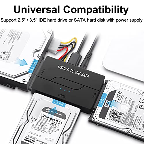 ULXUUUN SATA/IDE to USB 3.0 Adapter, External Hard Drive Reader for Universal 2.5/3.5 Inch IDE and SATA HDD SSD, 5.25" CD/DVD Drives, Hard Drive Converter with Power Adapter Support 6TB