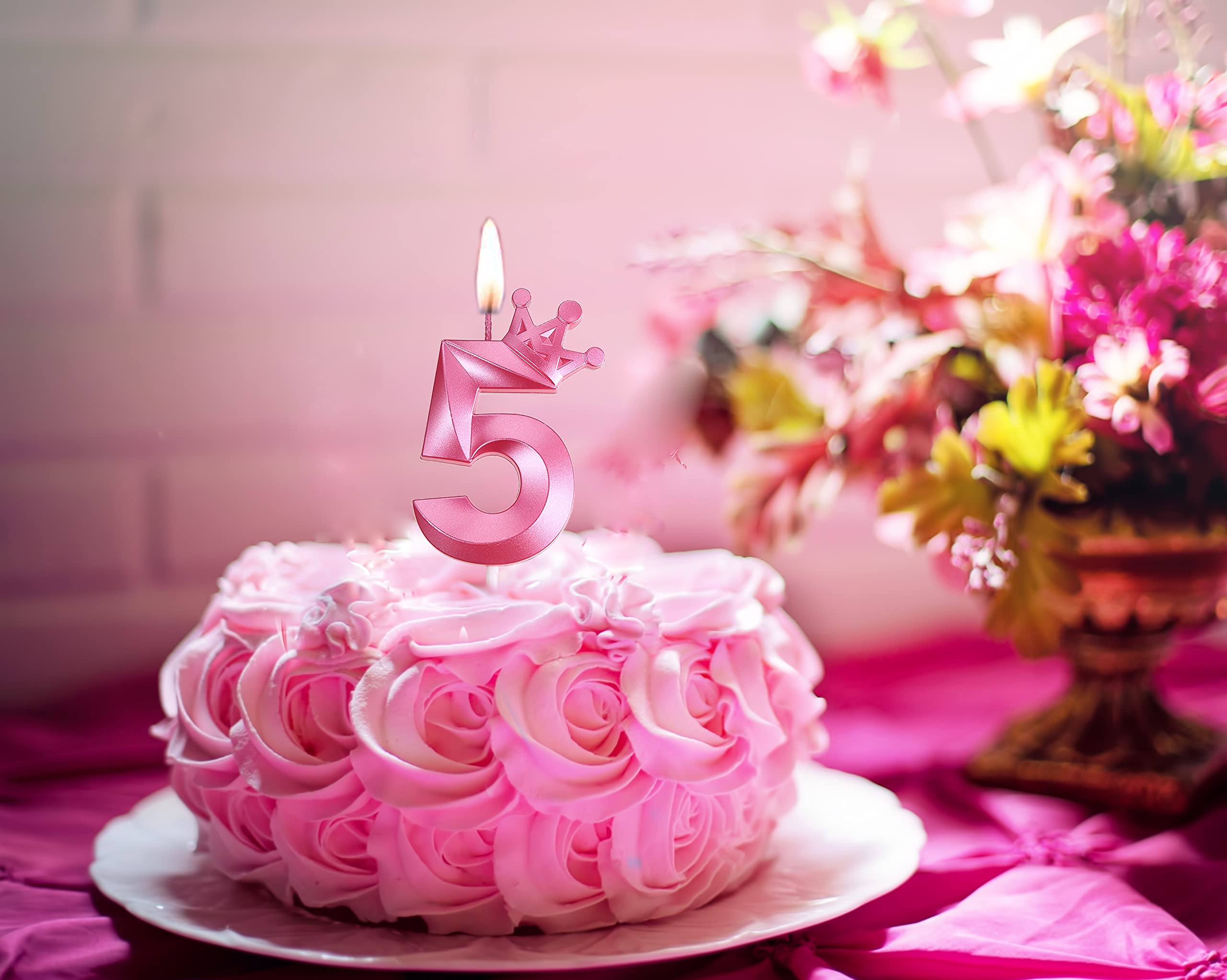 3.15 inch Pink 5 Birthday Candles,3D Crown Number 5 Cake Topper for Birthday Decorations