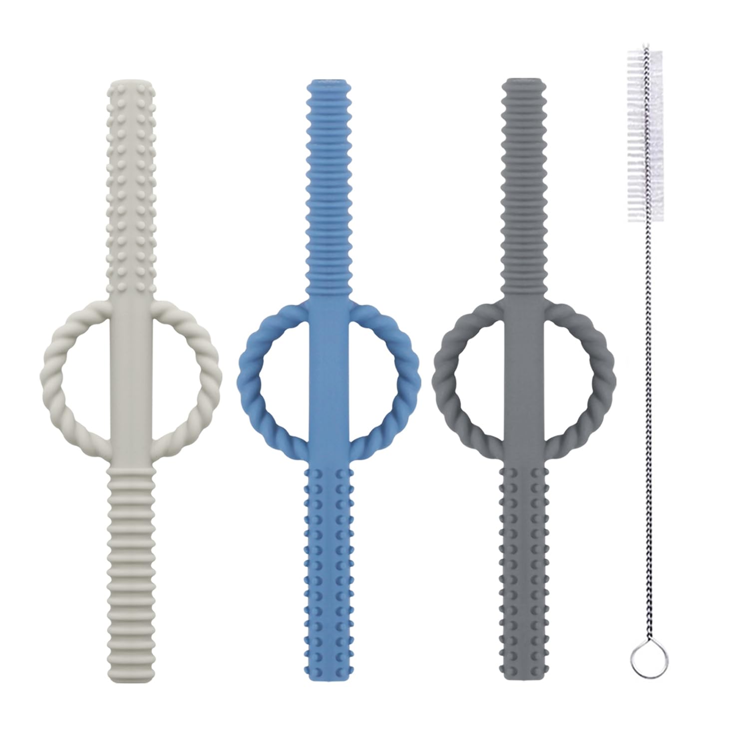 YAPROMO Silicone Baby Teether Tubes for Infants with Nursing Biting Chewing - 3 Pack 3 Pcs-Blue&Beige&Grey