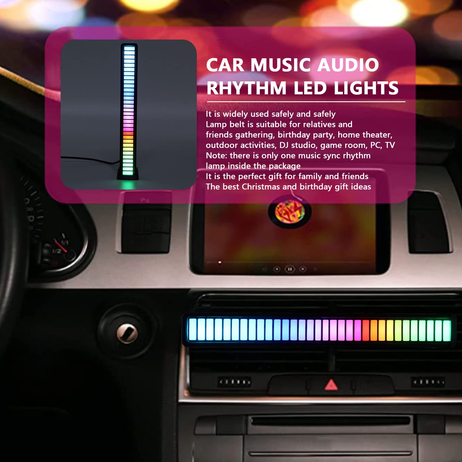 1Pcs Sound Activated Light, LED RGB Light Bar, 32 Bit Music Pickup Rhythm Light, USB Rechargeable, Ambient Light for Car, DJ, Gaming Room, Party, TV