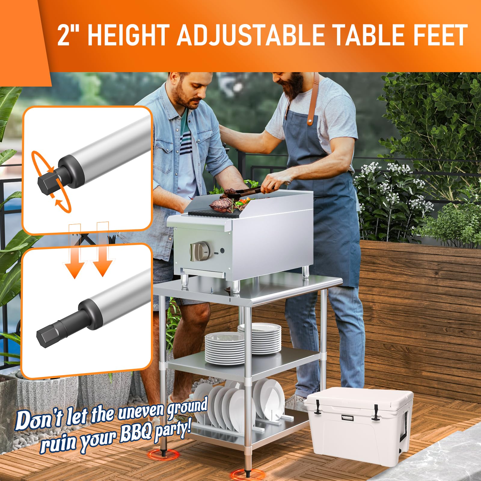 HOCCOT Stainless Steel Table for Prep & Work 24" X 30" inches with 2 Adjustable Shelf, Commercial Workstations, Utility Table in Kitchen Garage Laundry Room Outdoor BBQ