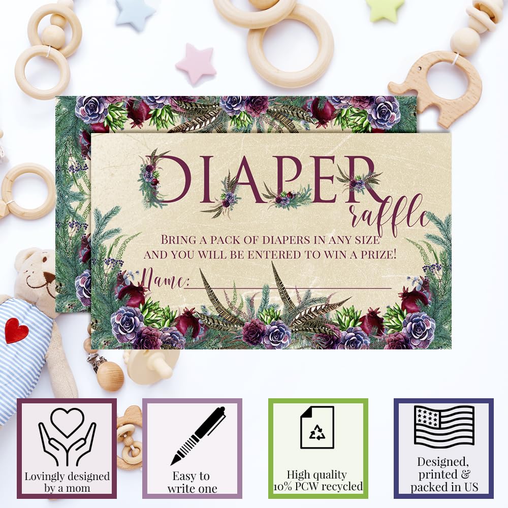 Amanda Creation Rustic Boho Watercolor Succulents, Pine, and Feathers Diaper Raffle Tickets for Baby Showers, 20 2" X 3” Double Sided Inserts, Bring a Pack of Diapers to Win Favors &