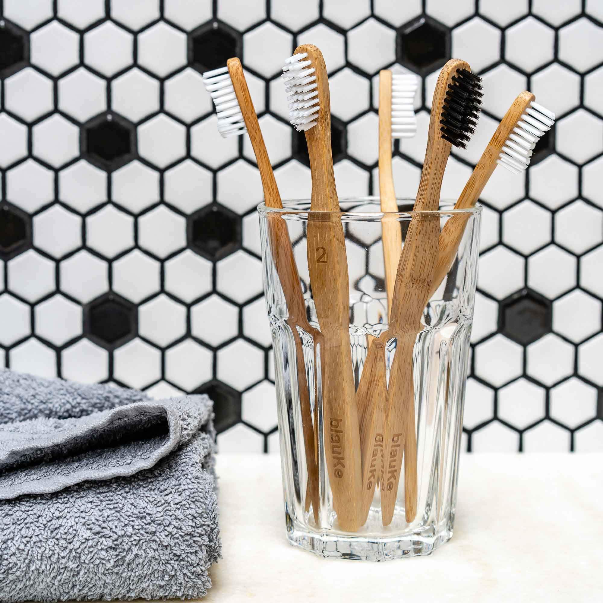 Bamboo Toothbrushes Medium Bristles 5-Pack – 4 White Wooden Toothbrushes, 1 Black Charcoal Toothbrush – Biodegradable Natural Eco Friendly