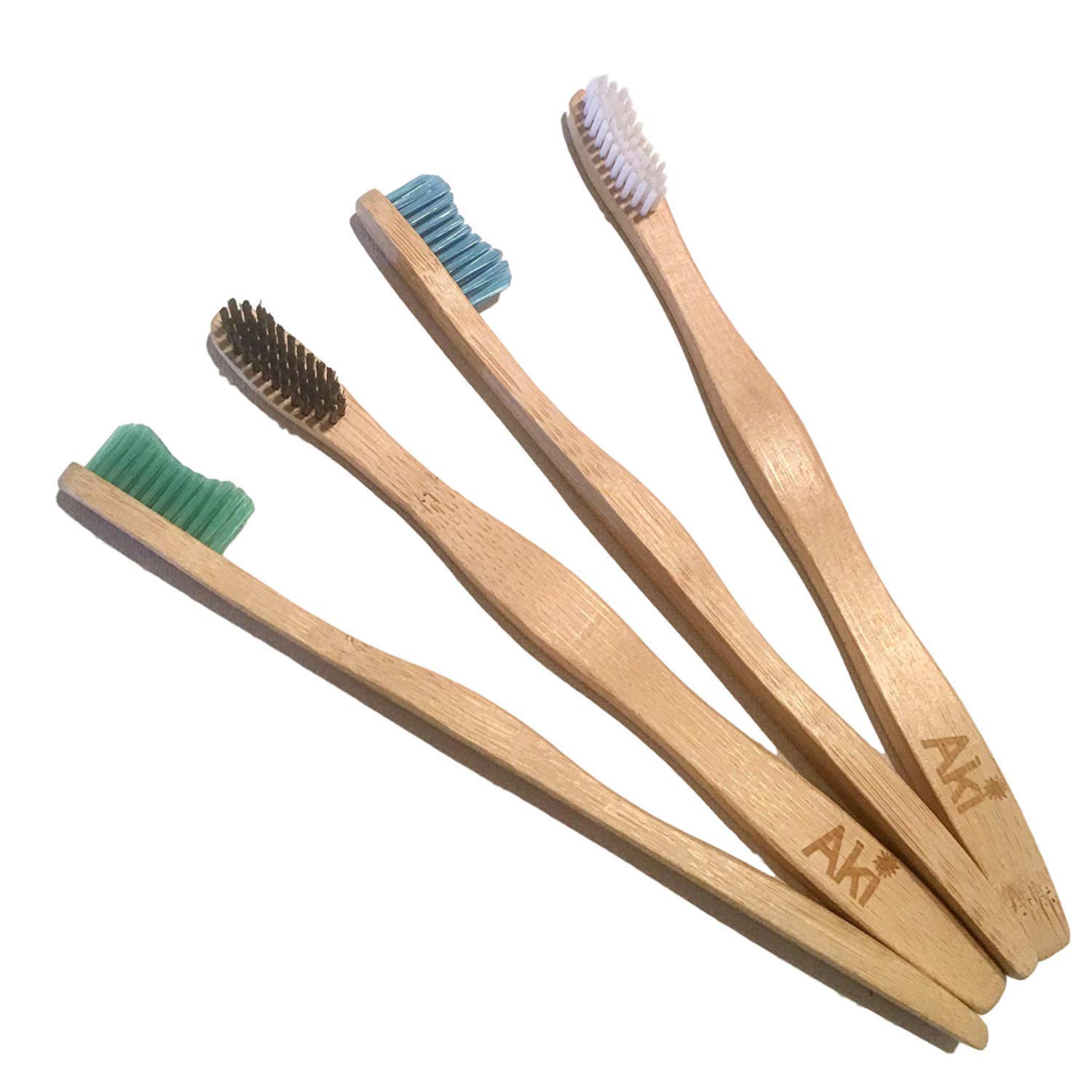 Bamboo Toothbrush 4-Pack Medium Multi-Colored Bristles Family Pack Biodegradable by Aki NEW
