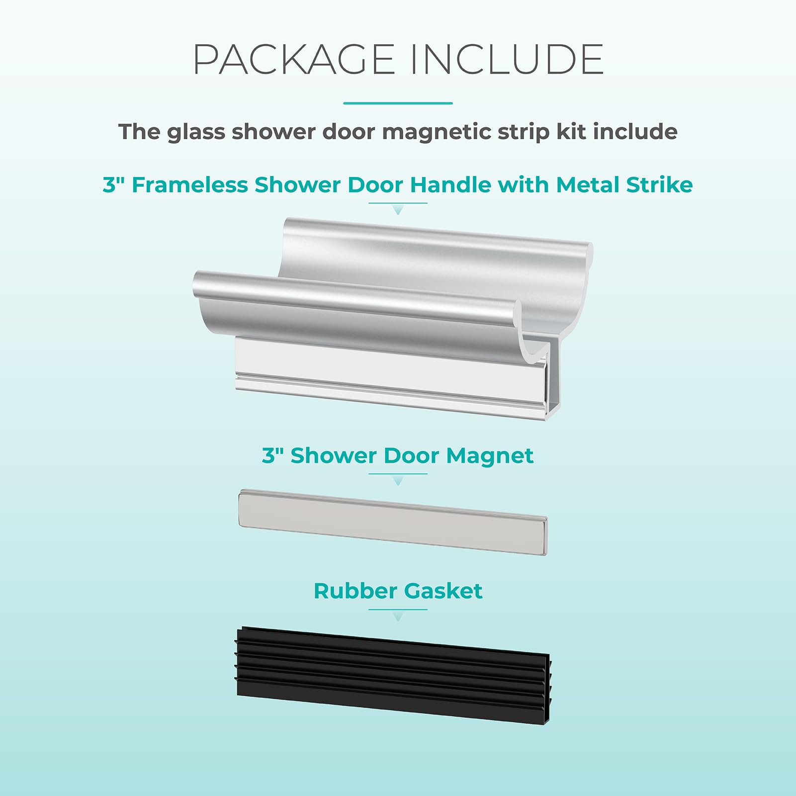3-3/4" Bright Chrome Frameless Shower Door Handle with Metal Strike and 3" Magnet,Shower Door Magnetic Latch Kit Fits Glass Door Thickness 1/8", 5/32", 3/16" and 1/4",Shower Door Replacement Parts