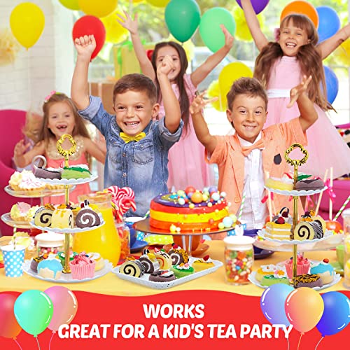7 Pcs Cupcake Stands Dessert Plates Set 4 Pcs 3 Tire Round Cupcake Stands Cake Fruit Display Tower and 3 Pcs Plastic Rectangle Dessert Trays Candy Server for Wedding Birthday Baby Shower Tea Party
