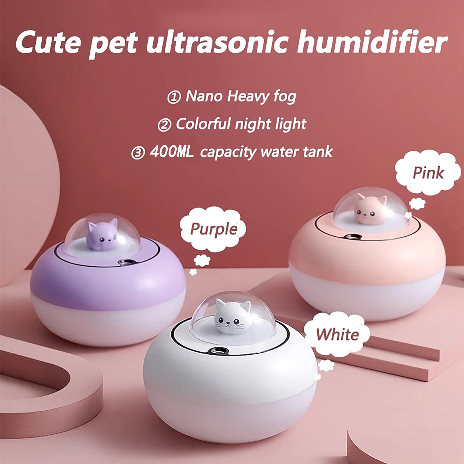 400ML household humidifier, night light cold fog humidifier, automatic timing off, automatic shutdown without water, whisper silent air humidifier, cute kitten, plant, office (Purple)