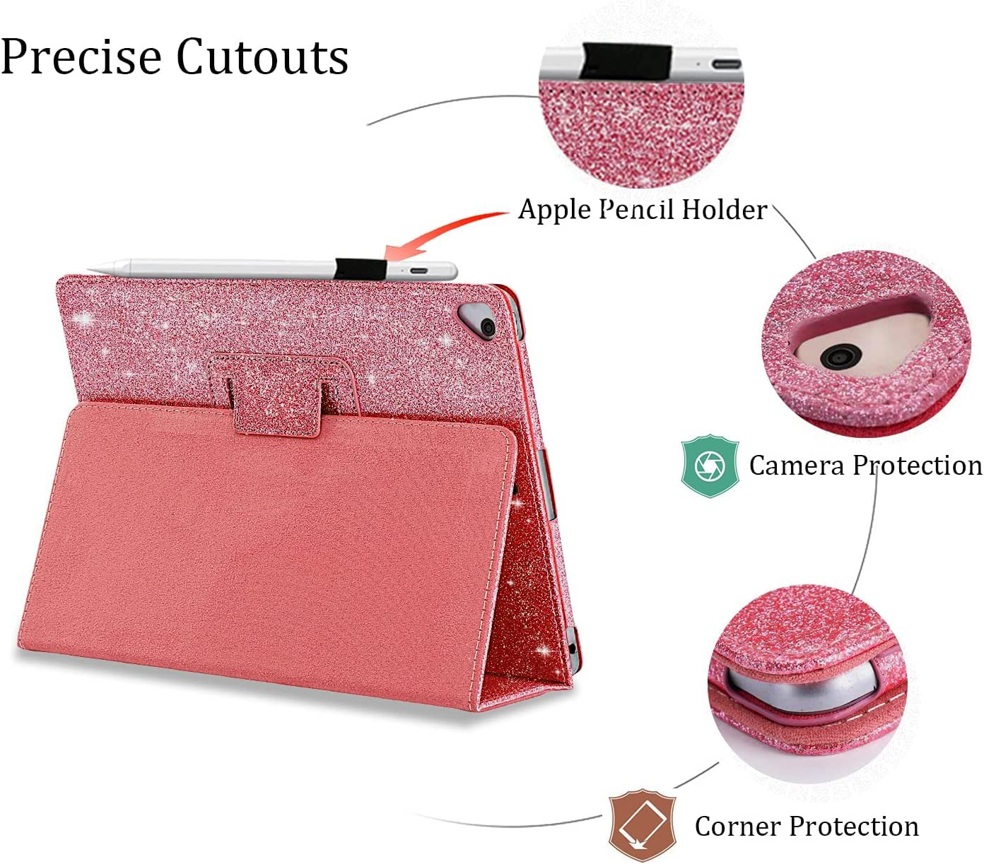 CLARKCAS iPad Air 2 Glitter Case 2014 Release Girls Women Bling Sparkle Leather Bifold Smart Tablet Case Protective Cover with Pencil Holder for Air/Pro 9.7/iPad 2018/2017 9.7 Inch Case,Pink