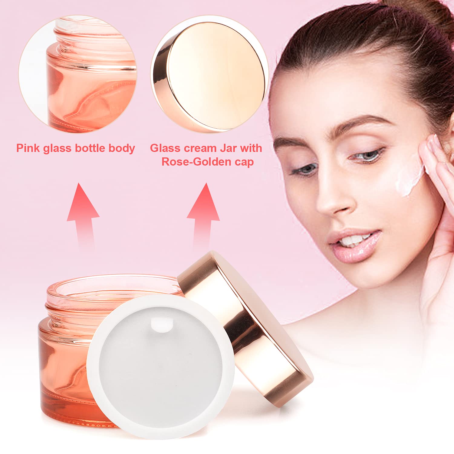 Furnido 4 Pack,1 oz/30ml Pink Glass Face Cream Jar Pot,Empty Thick Glass Cosmetic Cream Jar Container With Rose-Golden Cover,Inner Liners for Moisturizer,Eyeshadow,Makeup Emulsion