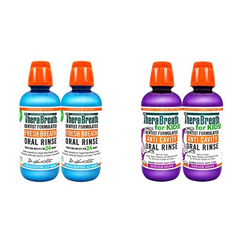TheraBreath Fresh Breath Oral Rinse, ICY Mint, 16 Ounce Bottle (Pack of 2) and Kids Anti-Cavity Oral Rinse, Organic Gorilla Grape, 16 Ounce (Pack of 2)