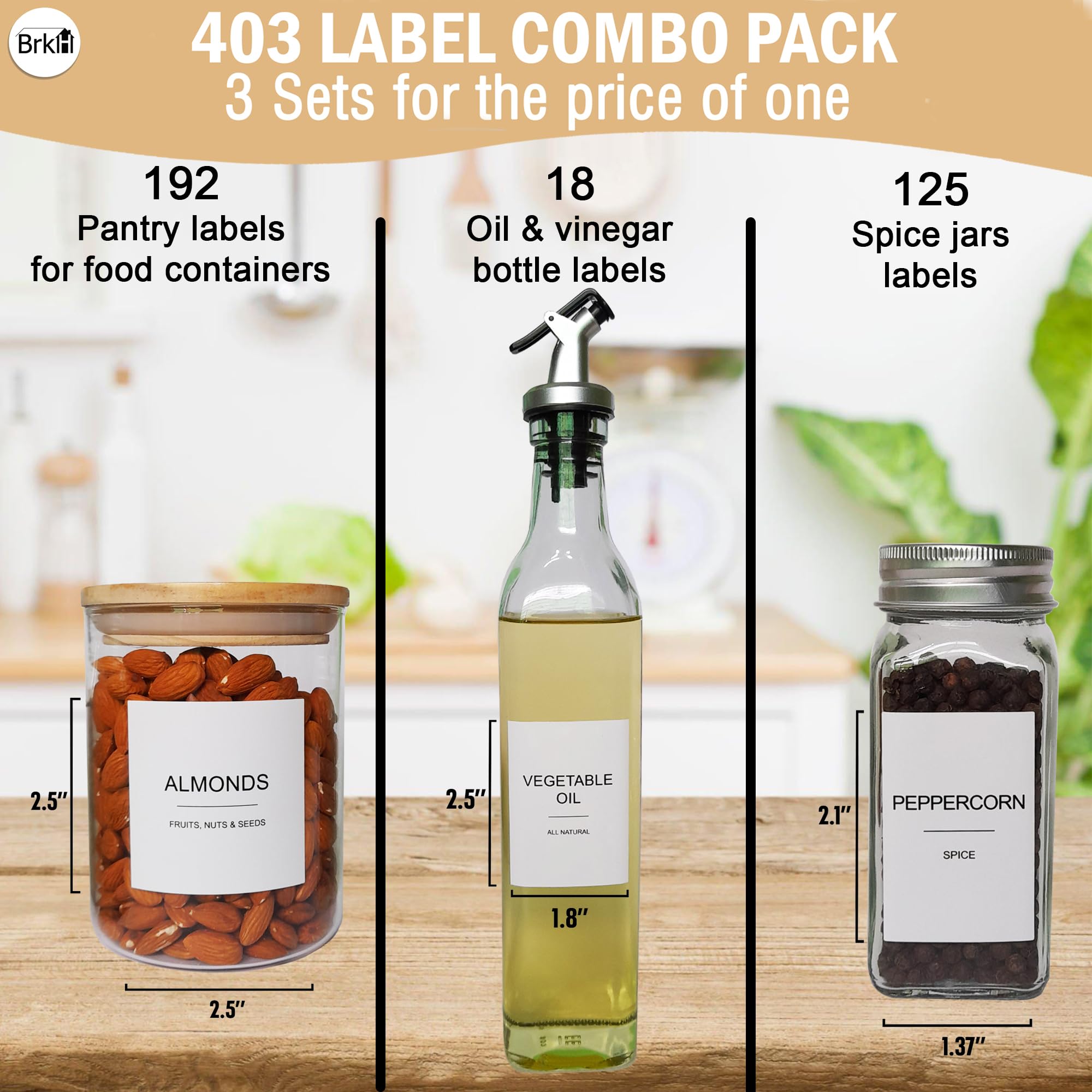 403 Pcs Kitchen Pantry Labels for Food Containers, 3 Sizes Preprinted Minimalist Waterproof Pantry Labels, With Oil & Vinegar Bottle Labels, Spice Jars Labels, Expiry Labels and Blank Labels