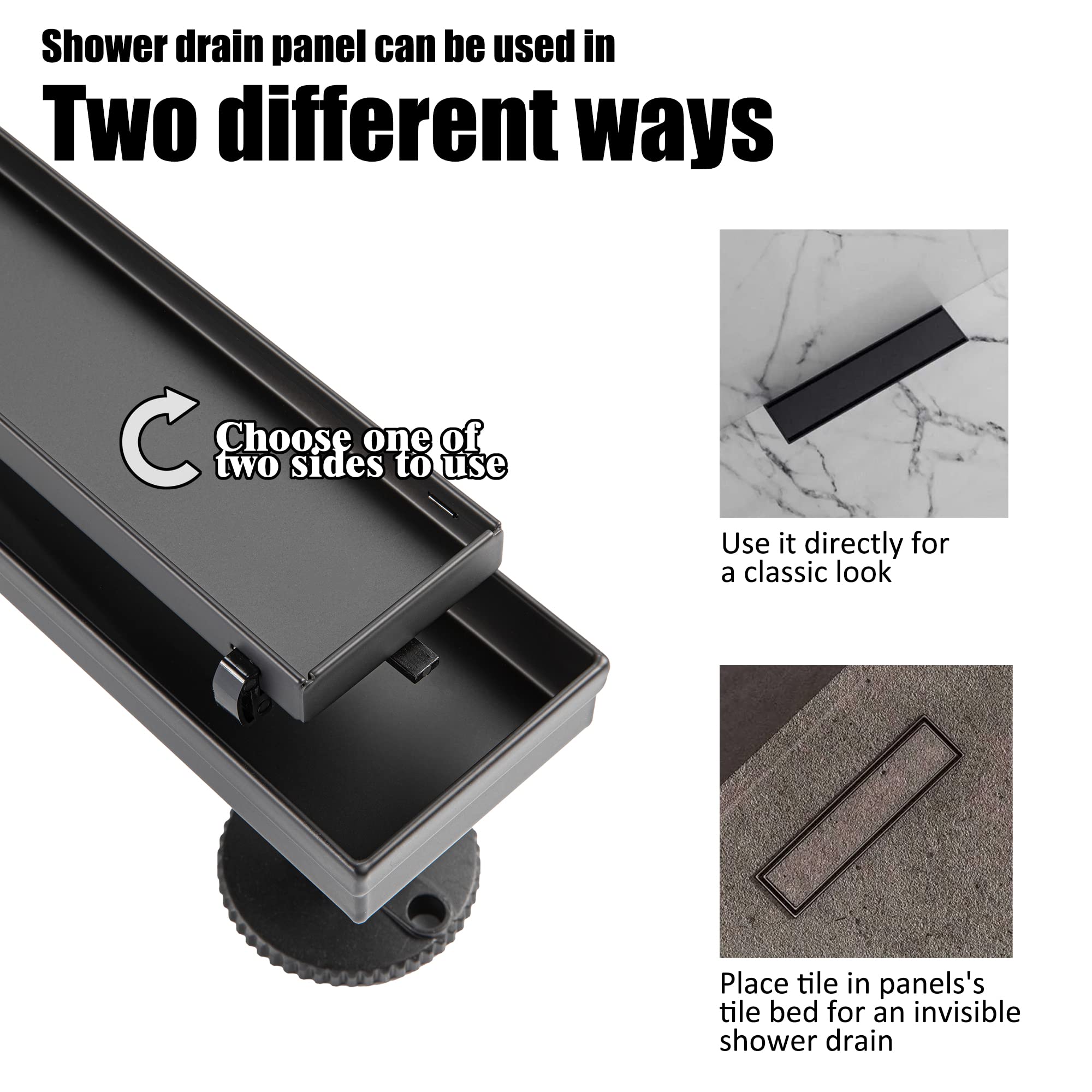 24 inch Linear Shower Drain with Removable Square Hole Panel by Using 304 Stainless Steel Process, Linear Drain Equipped with Adjustable Feet and Hair Strainer(Matte Black Color)