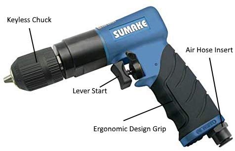 3/8" Air / Pneumatic Reversible Drill, Keyless Chuck, High Tool Power, Pistol Grip Gun With Soft Handle, (Sumake ST-M5010C)