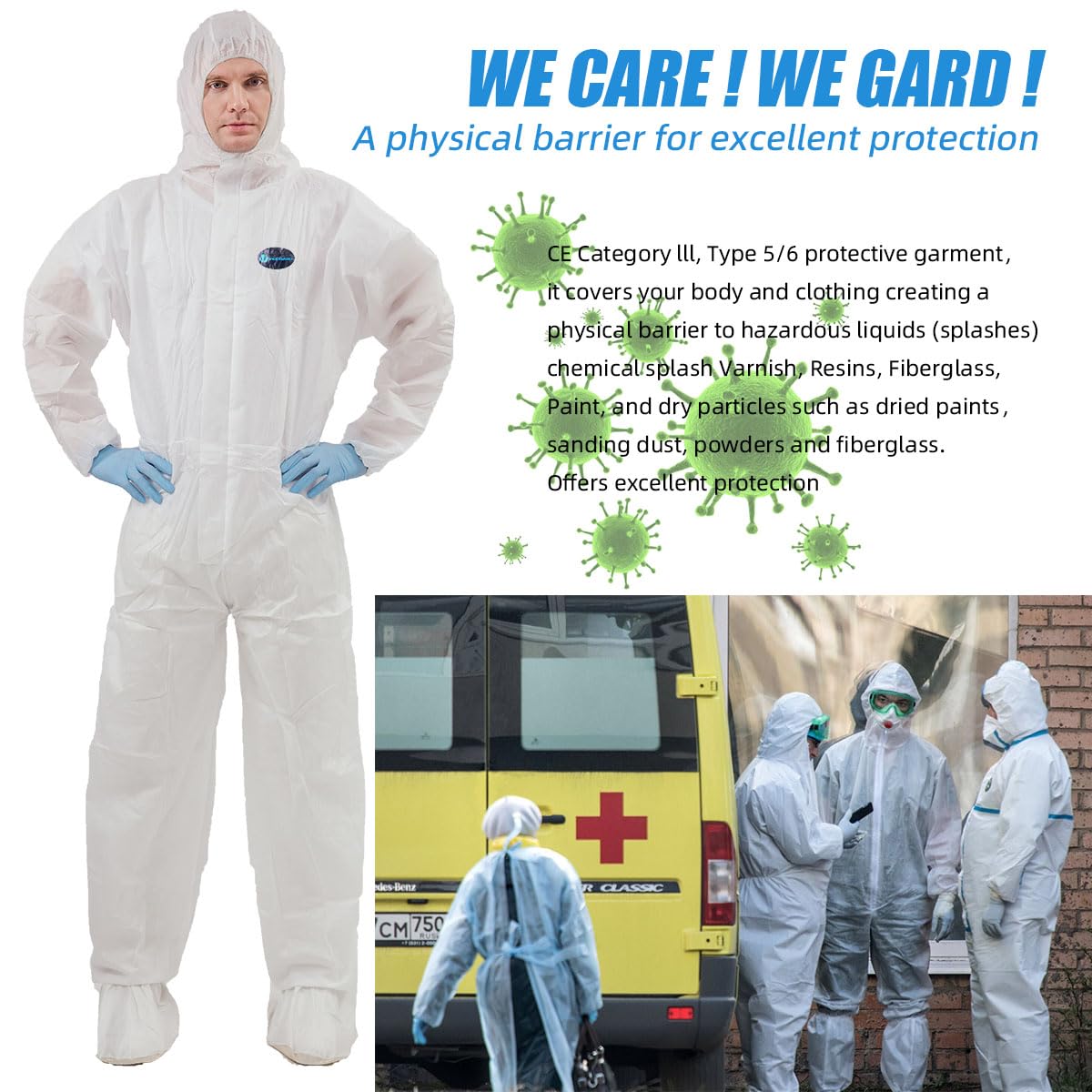 VVicogard Protective Overalls Disposable Coveralls, Front Zipper Elastic Waistband & Cuffs Ankles, SMS Isolation Coverall Suit with Hood for Hospitals, Laboratories, Medical