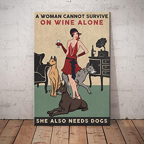 A Woman Cannot Survive On Wine Alone She Also Needs Dogs Retro Metal Tin Sign Vintage Sign for Home Coffee Garden Wall Decor 8x12 Inch