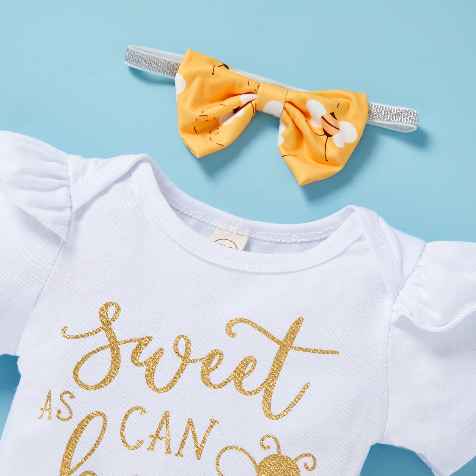 GRNSHTS Infant Baby Girl bumble bee clothes Letter Print Romper Honey Bees Pants Bowknot Headband Outfits Set(Yellow 2, 3-6 Months