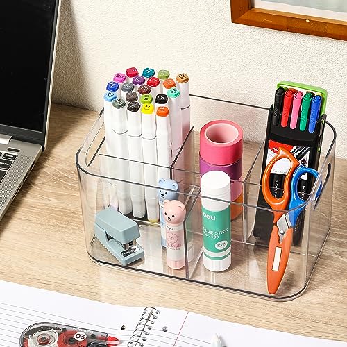 5-Compartment Clear Plastic Bin - Divided Cosmetic Makeup Caddy Organizer - Multiuse Storage Container for Vanity, Bathroom, Kitchen, Pantry, Office, Craft, Utensil, Shower, Cleaning Items, (1 Pack)