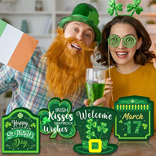 4 Pieces Table Sign Happy St Patricks Day Tabletop Decoration Lucky Shamrocks Wooden Wood Decor Irish Tiered Tray Décor for St. Patrick's Day Party Table Ornaments