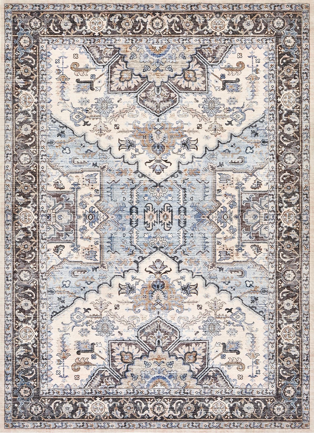 Area Rug Living Room Rugs - 8x10 Soft Machine Washable Oriental Persian Floral Distressed Rug Large Indoor Floor Carpet for Bedroom Under Dining Table Home Office Decor - Cream Blue