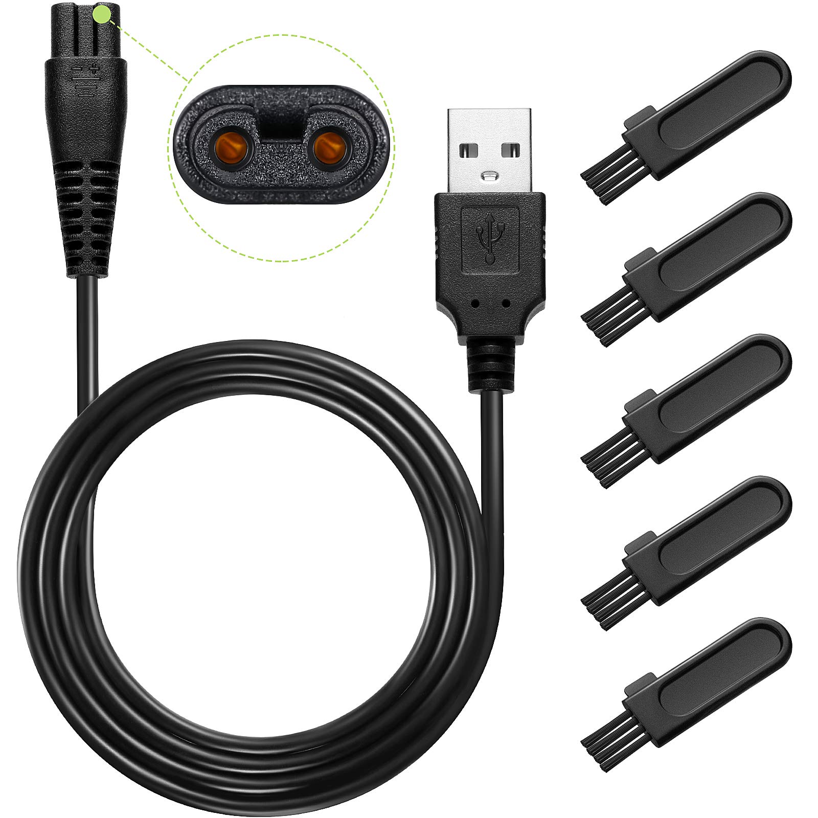 Honoson Head Shaver Power Cord Replacement Electric Shaver Charger Razor Cord USB Cable Charging Data Line and 5 Pieces Cleaning Brush Clipper Compatible and Reliable