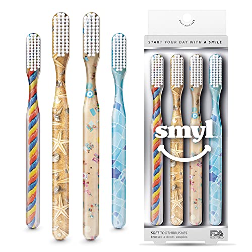 SMYL Toothbrush, Toothbrushes for Adults with Nylon Bristles, Oral Care and Plaque Removal, Day at The Beach Design, Pack of 4
