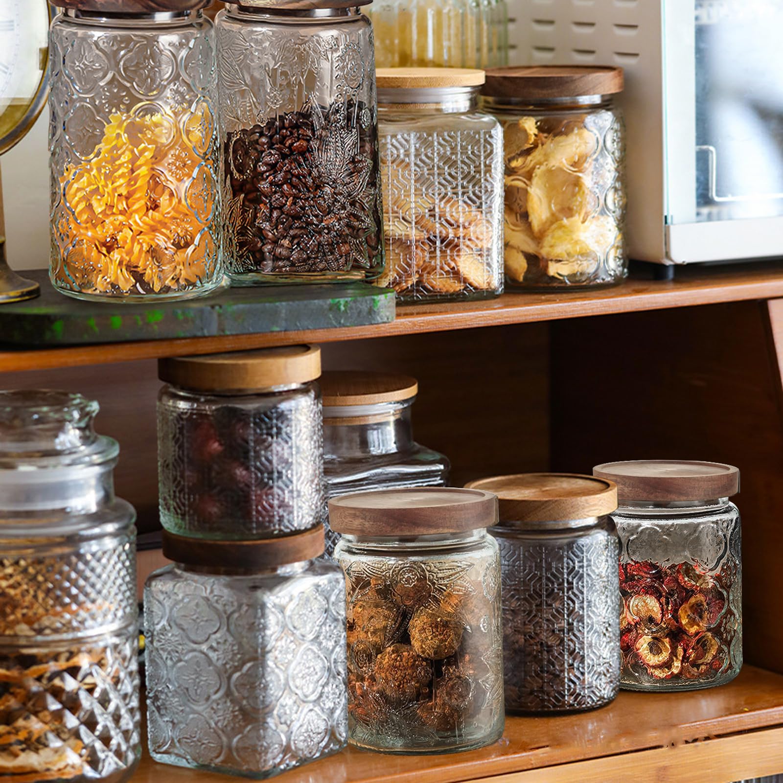 24 OZ/6 PCS Glass Storage Jar with Airtight Bamboo Wooden Lids, Vintage Food Containers Canisters Sets for Kitchen Counter Pantry, Sugar, Flour, Candy, Tea, Coffee Beans, Oats, Grain Bin, Pasta,