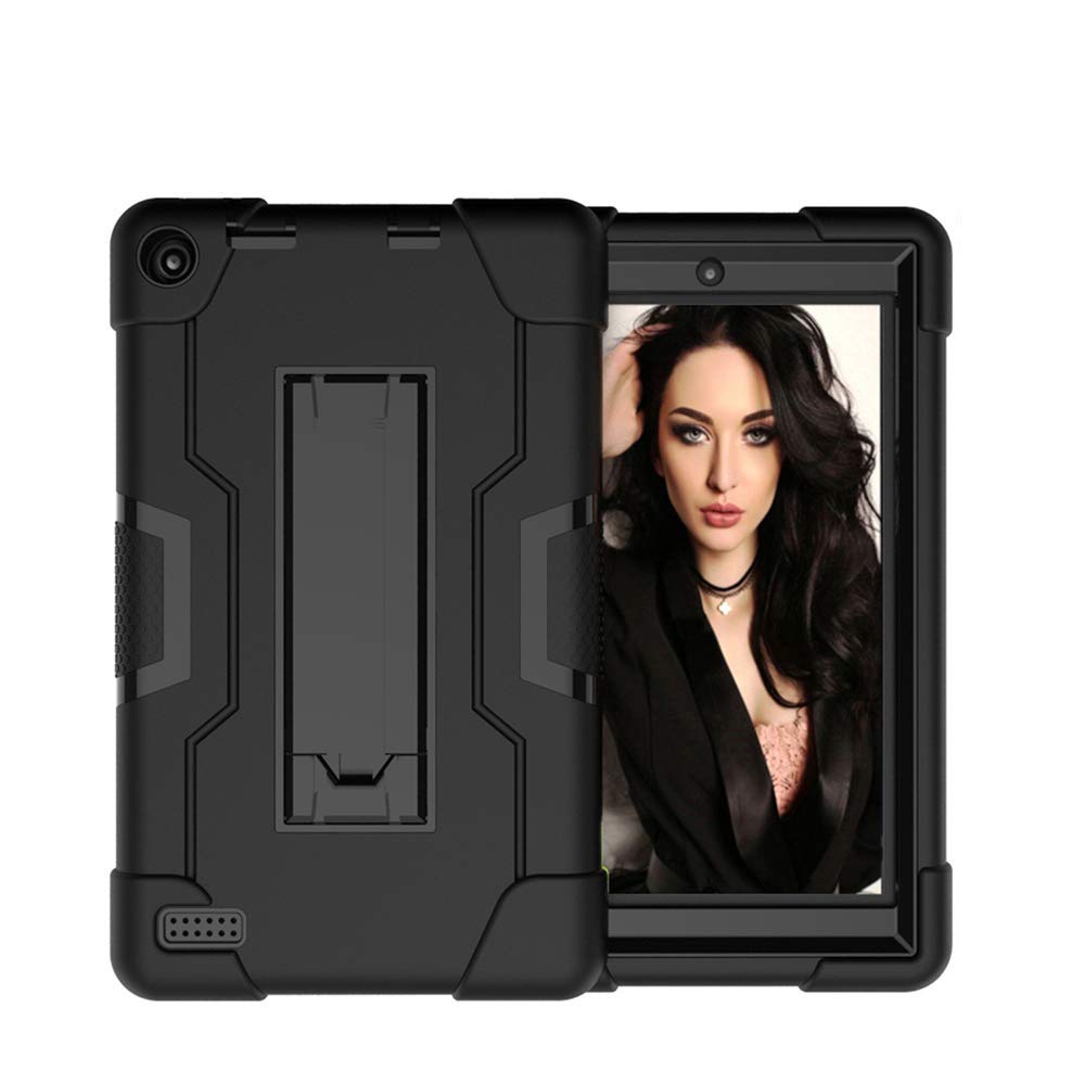 For All-New Fire 7 2019/2017 (9th Gen, 7th Gen) Case,Cherrry Heavy-Duty Rugged Kickstand Series - Shockproof Hybrid Three Layer Armor Kids Case Cover For Amazon All-New Fire 7 2019 (Black/Black)