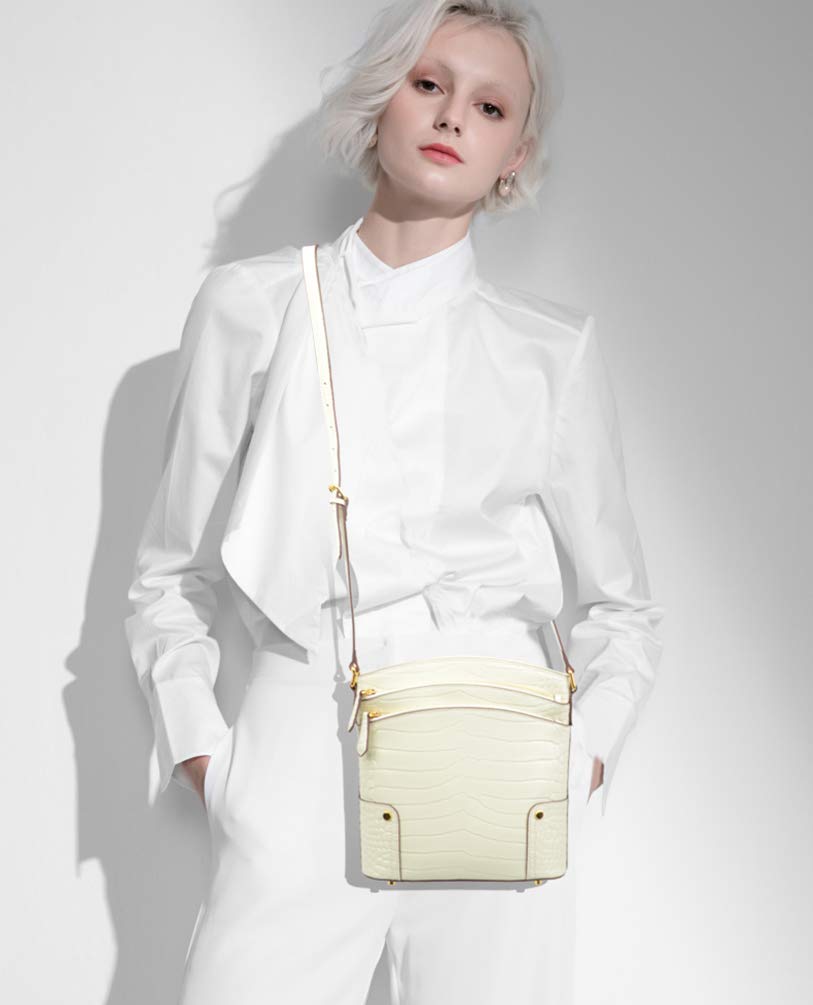 Ainifeel Women's Patent Leather Triple Zip Pocket Crossbody Bag Genuine leather shoulder bags (Medium, Off white)