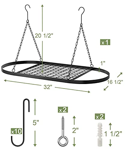 X Home 32-Inch Hanging Pot Racks for Kitchen Ceiling with 10 Removable Hooks, for Kitchen Storage & Organization, Ceiling Mounted, Black