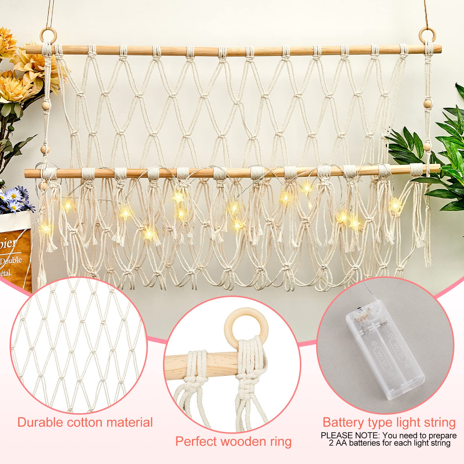 2 Pcs Stuffed Animal Hammock with LED Light, No Battery, Macrame Stuffed Animal Toy Hammock for Neatly Store Hanging Plush Animals Toys Animals Net Storage Organizer for Nursery Play Room Bedroom