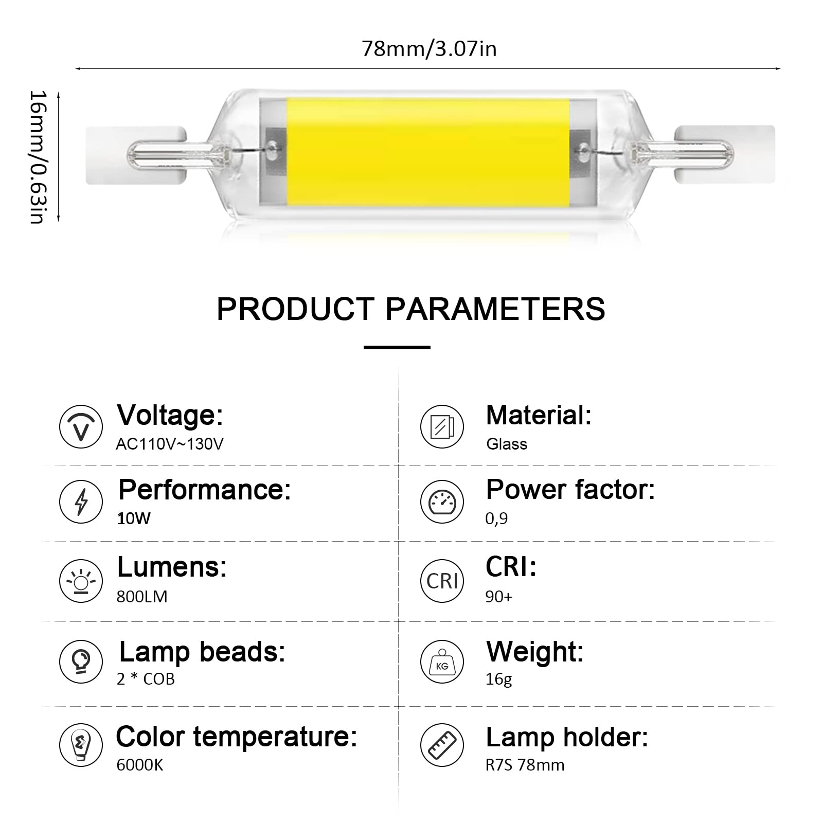 78mm 10W R7S LED COB Light Bulb 100W Equivalent T3 J78 J-Type Linear Bulb 120V R7S Base Dimmable 78mm Double Ended Flood Light Bulbs 360°Beam Angle Landscape Lights 6000K (Cool White, 4 Pack)