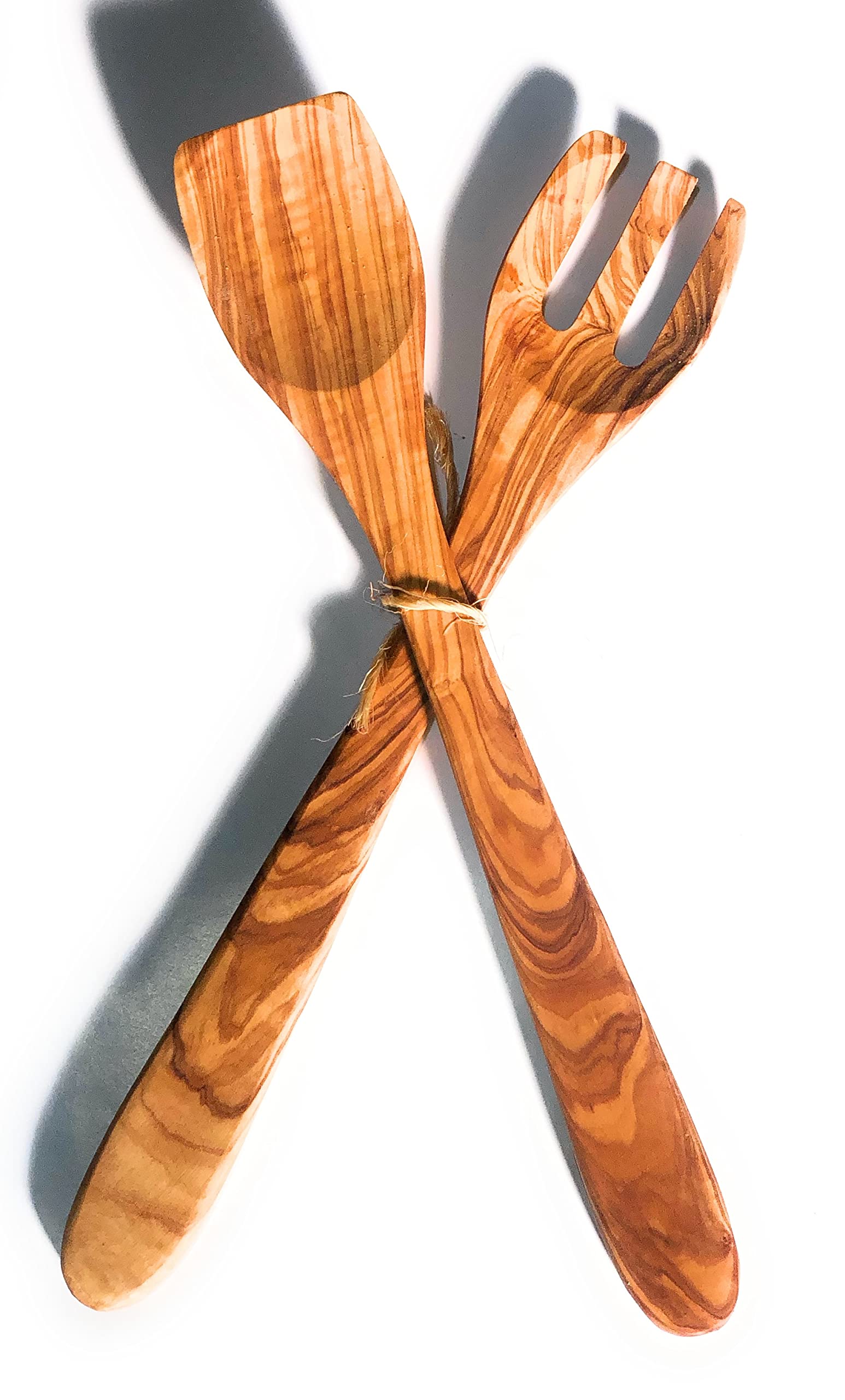 2 pc 14" Long Handle Artisan Olive Wood Salad Server Set- By ORCHARD HARDWOODS- Handmade Salad Spoon and Fork for Serving Salads, Non-Stick Cooking