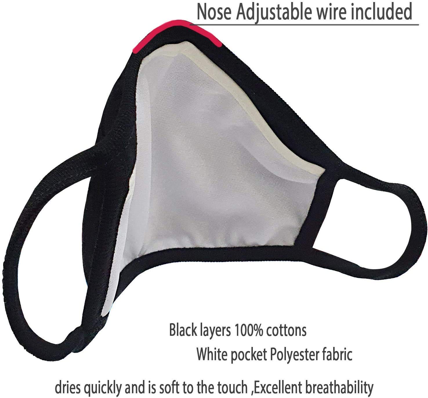 Forno 5 Pack Face Masks,Unisex Face Mask with Adjustable Nose Bridge,Black Dust Cotton, Washable Reusable Cloth for Adults【USA seller】