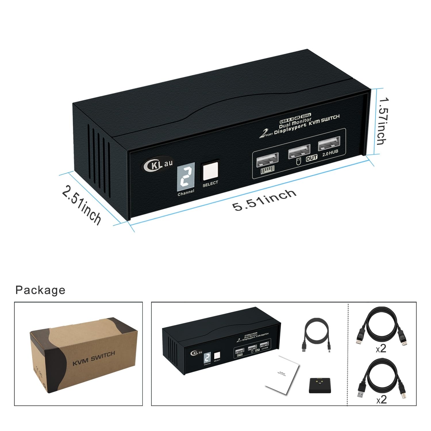 2 Port Displayport KVM Switch Dual Monitor 4K@60Hz 2K@144Hz with Cables, USB 2.0 Hub, Digital Display for 2 Computers 2 Monitors Sharing Keyboard Mouse Video