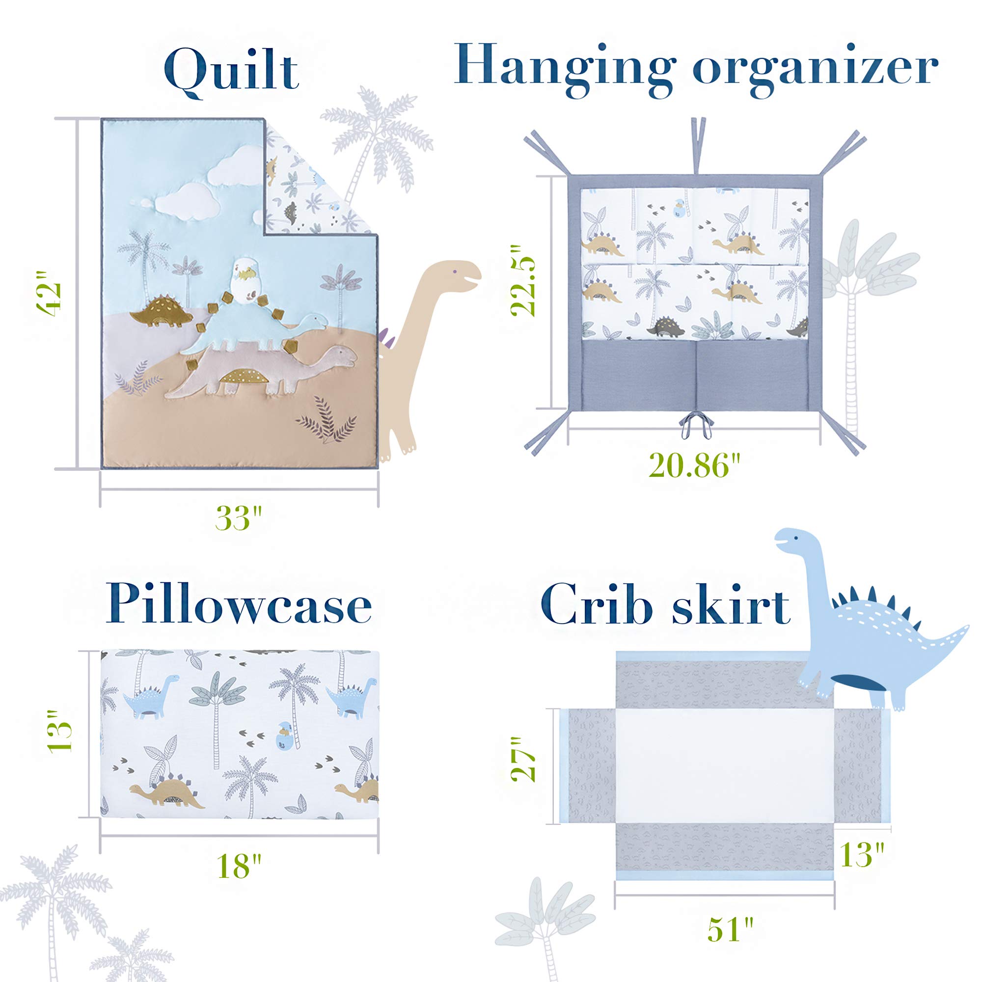 Dinosaur Crib Bedding Set for Boys, Crib Set for Boys includes - Dino Blanket, 2 Fitted Sheets, Pillowcase, Crib Skirt, Nursery Organizer - Dino Theme, Blue-White, 6 Piece boy crib bedding set