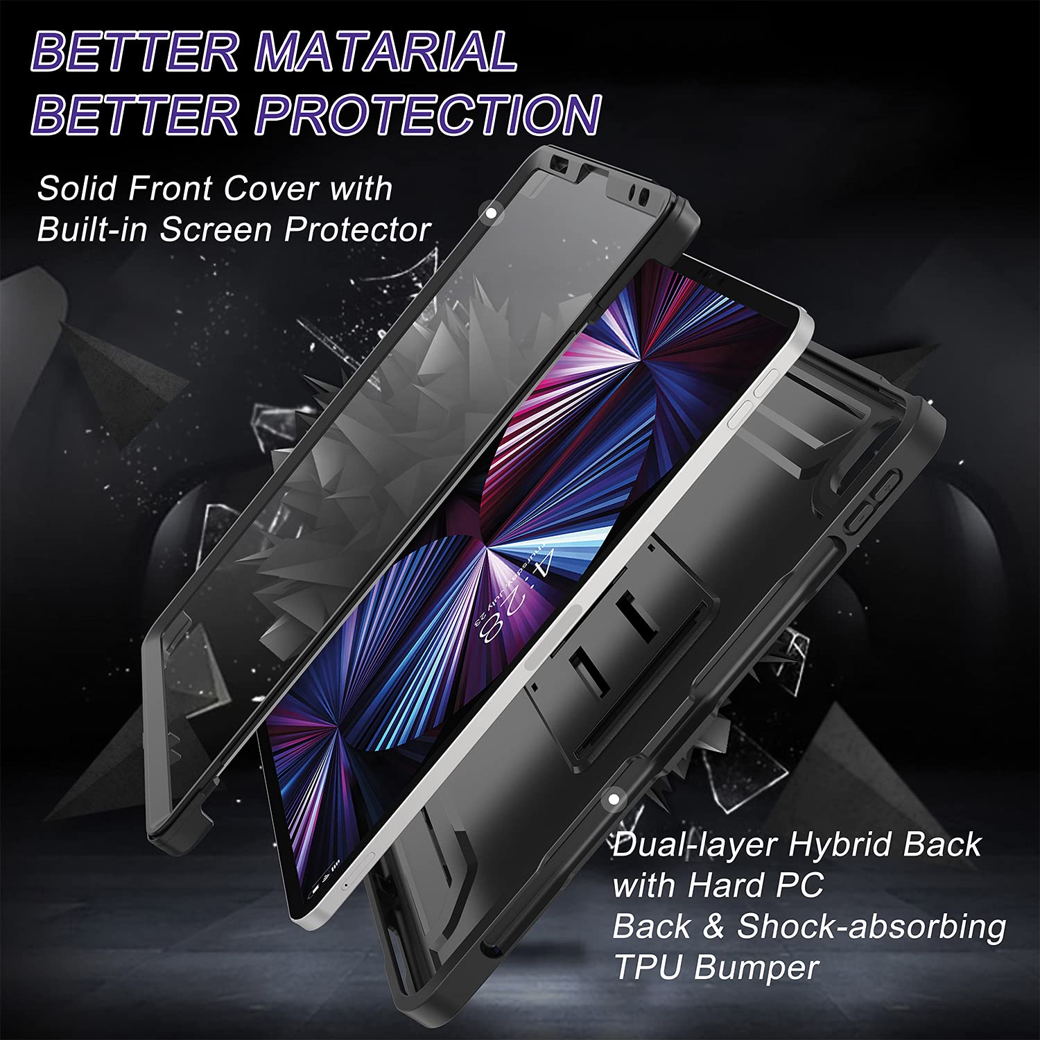 Soke Case for iPad Pro 11 Inch 2022/2021/2020/2018/iPad Air 5th/4th Generation,Built-in Screen Protector - Support 2nd Apple Pencil Charging - Heavy Duty Rugged Protective Kickstand Case - Black