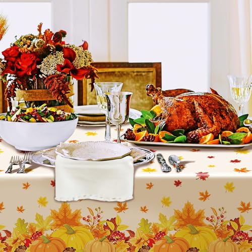 3-Piece 54 x 108 Inch Fall Harvest Plastic Tablecloth - Autumn Maple Leaves Disposable Rectangle Table Cover for Thanksgiving Day Parties, Dinners, and Celebrations, Indoor Outdoor Table Decorations