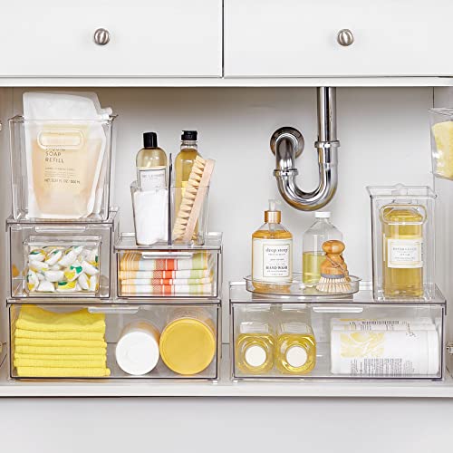 mDesign Plastic Stackable Kitchen Storage Organizer Bin Containers with Front Pull Drawer for Cabinet, Pantry, Fridge, Freezer, Shelf, Refrigerator Organization - Lumiere Collection - 2 Pack - Clear