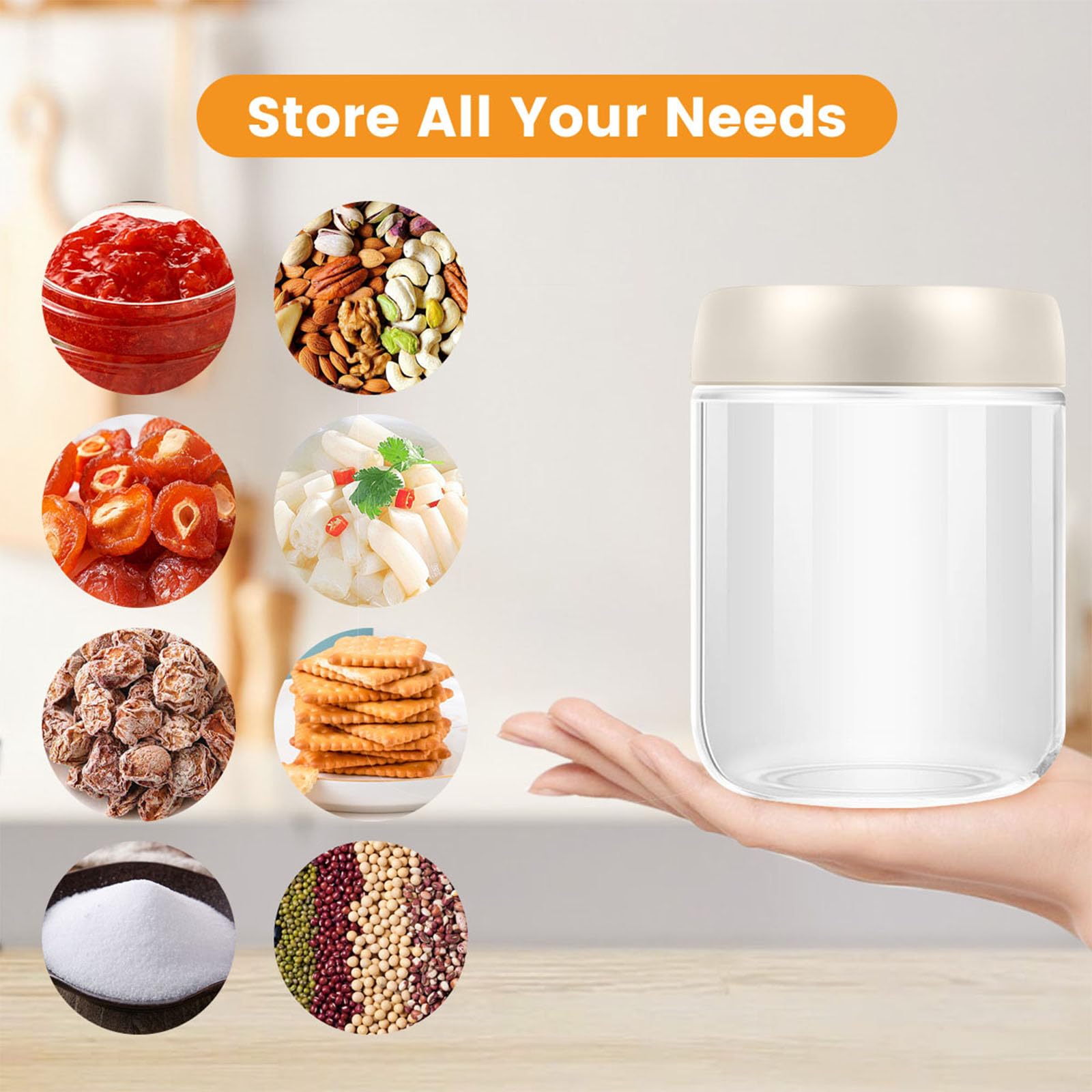 2 Pack Mason Jars 16 OZ with Lids,Wide Mouth Mason Jars for Overnight Oats,Reusable Glass Jars with Lids for Fruit, Salad Dressing, Sauce,Cereal,Pasta,Sugar,Beans,Spice-Leak Proof(Beige White)