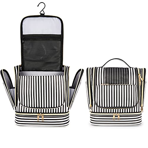 WDLHQC Large Hanging Toiletry Bag with Hook | Water Proof Zip Bag Travel Makeup Bag Organizer | Cosmetic Travel Bag for Toiletries | Travel Essentials for Women & Men Hanging Travel Bag (Black Stripe)
