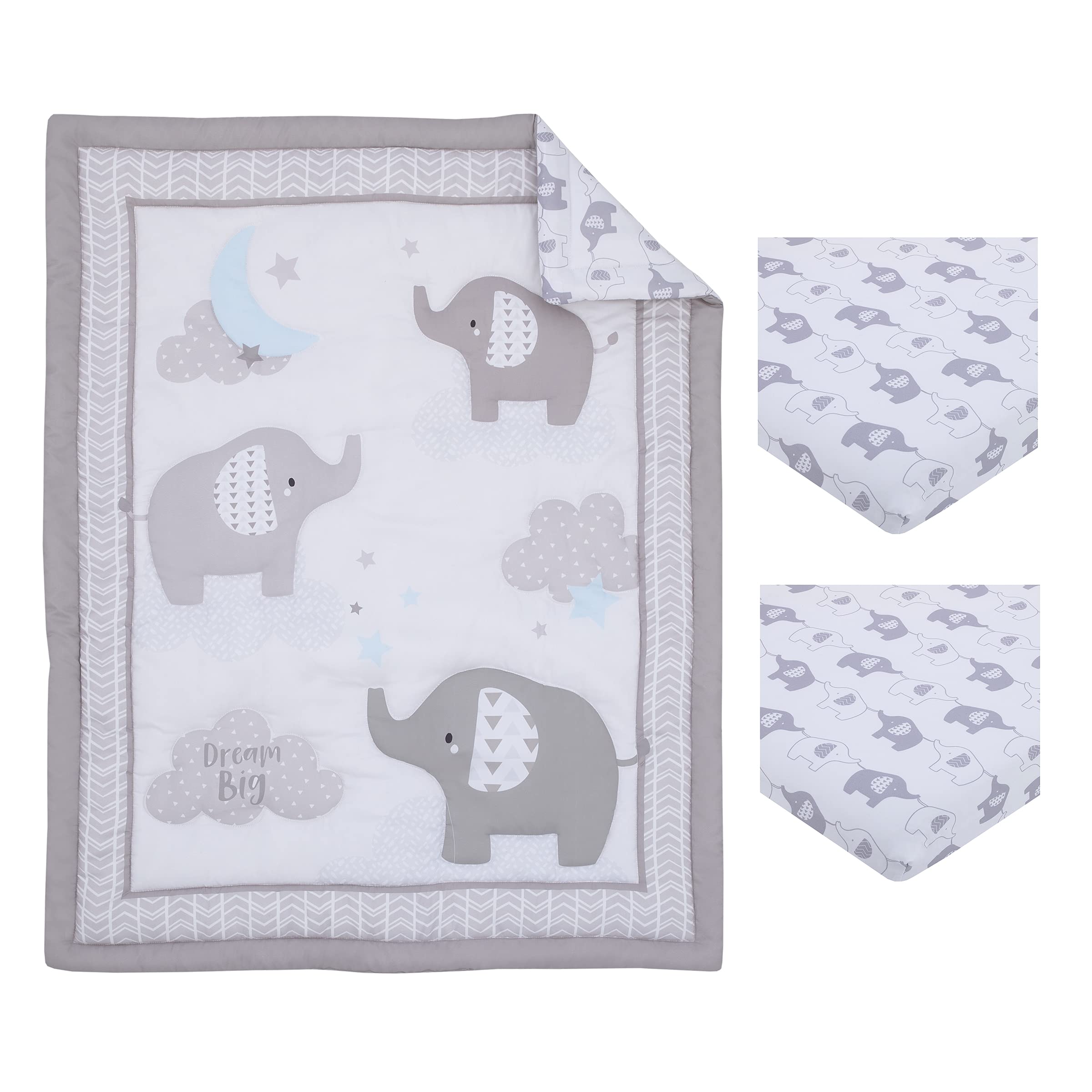 NoJo Little Love Elephant Stroll Dream Big Clouds and Stars with Chevron Border 3 Piece Nursery Mini Crib Bedding Set - Comforter, and Two Fitted Mini Crib Sheets