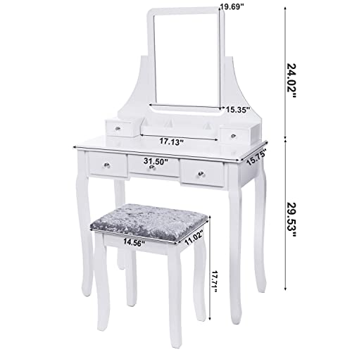 BEWISHOME Vanity Set with Mirror & Cushioned Stool Dressing Table Vanity Makeup Table 5 Drawers 2 Dividers Movable Organizers White FST01W