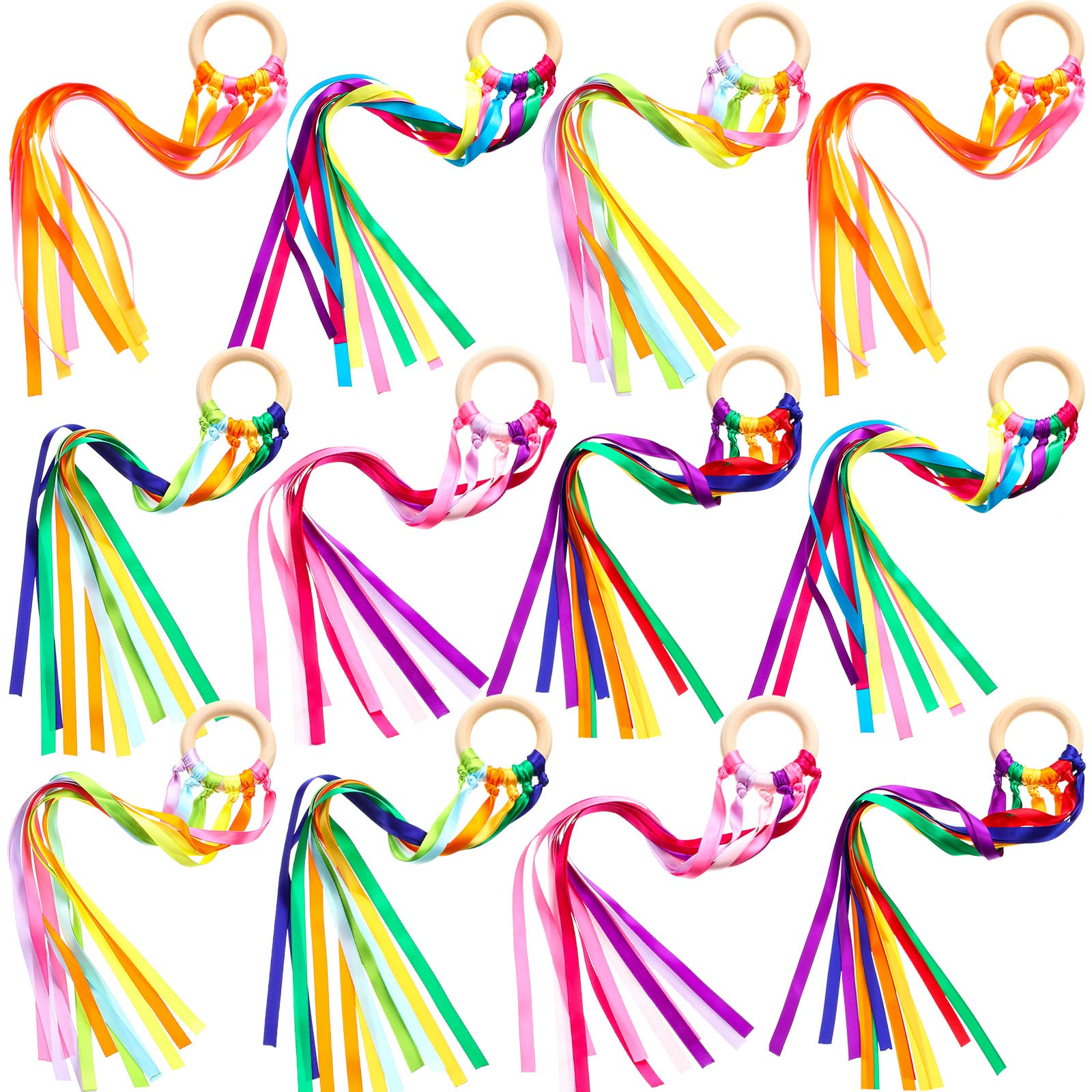 12 Pcs Rainbow Ribbon Wooden Waldorf Toys Creative Waldorf Hand Kite Set Streamers with Wood Ring Sensory Learning Educational Toy for Playroom Dancing Birthday (Bright)