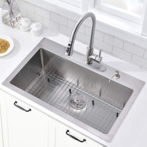33-inch Drop In Kitchen Sink Stainless Steel -VOKIM 33 Inch Topmount Drop-in Single Bowl Handmade Stainless Steel 16 Gauge Kitchen Sink, With Dish Grid and Basket Strainer,Soap Dispenser