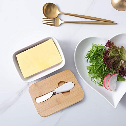 YCOCO Large Butter Dish with Lid,Ceramic Butter Container With Airtight Cover,Butter Keeper Double Silicone Seals with Knife for kitchen,Holds 2 Standard Stick,White