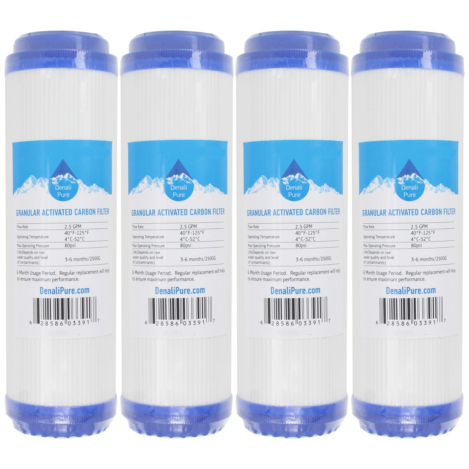 4-Pack Replacement for H2O Distributors ADWU-D Granular Activated Carbon Filter - Universal 10-inch Cartridge Compatible with H2O Distributors Flowmatic ADWU-D Under Sink Water Filter - Denali Pure