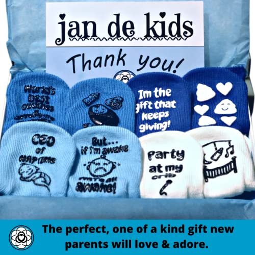 jan de kids Newborn Baby Socks Gift Set - 4 Soft Pairs - Comfortable - Unique - Funny - Perfect for Baby Showers - Sized 0-6 Months