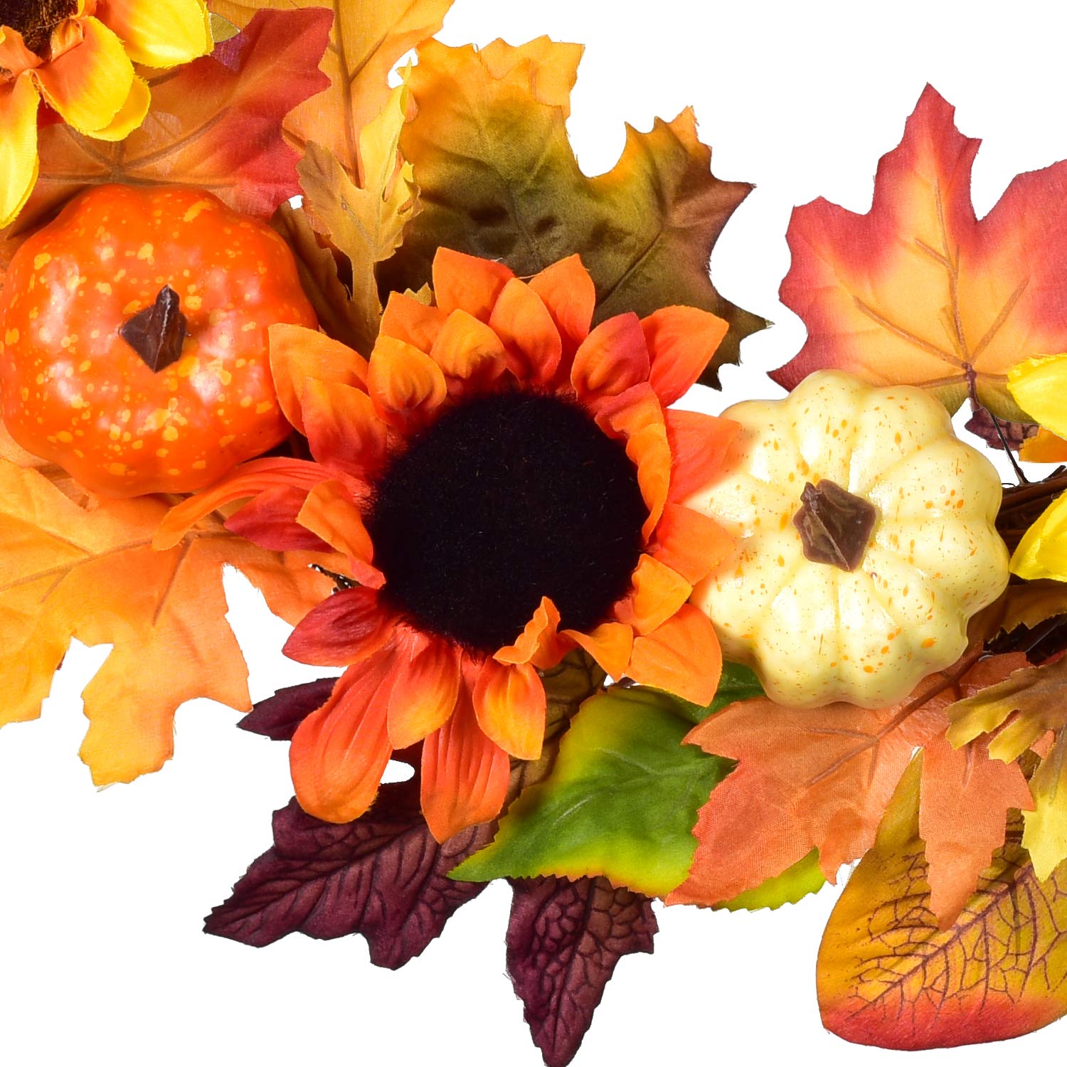 20Inch Artificial Sunflower Pumpkin and Maple Leaf Wreath for Halloween and Thanksgiving Home Indoor or Outdoor Arrangement Decoration